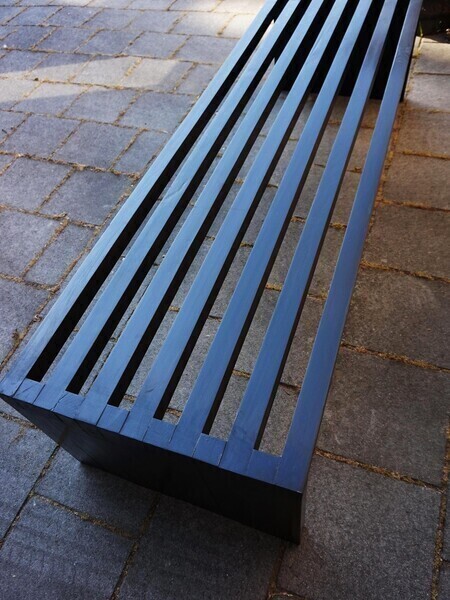 Vintage Mid-century black stained wooden slatted bench, slat bench or table