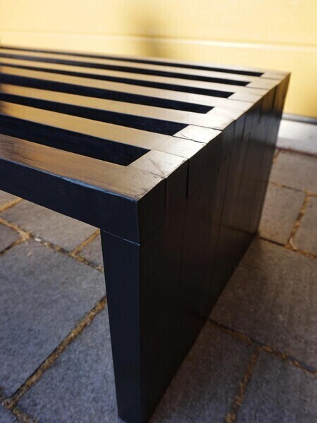 Vintage Mid-century black stained wooden slatted bench, slat bench or table
